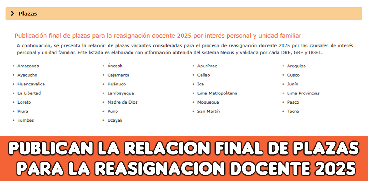 Publicación final de plazas para la reasignación docente 2025 por interés personal y unidad ...
