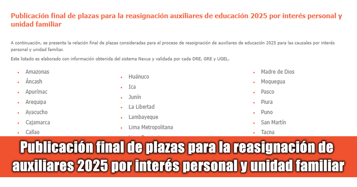 Publicación final de plazas para la reasignación auxiliares de educación 2025 por interés ...